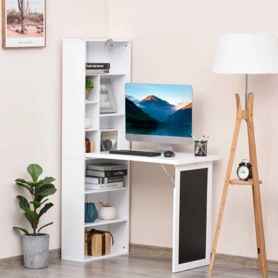 HOMCOM Multifunction Desk With Foldable Workstation Bookshelf Blackboard White 836 296WT